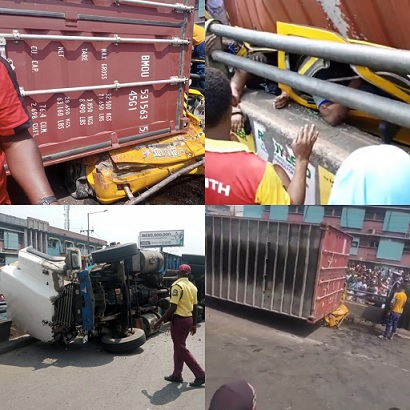 Container falls on fully-loaded commercial bus in Lagos (graphic photos ...